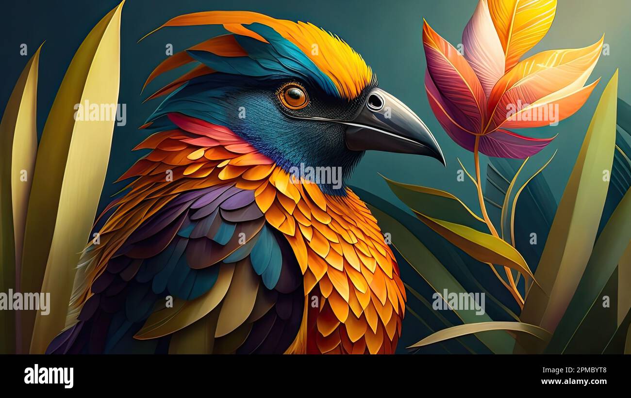 Colorful macaw bird with feathers on dark background. Vector ...