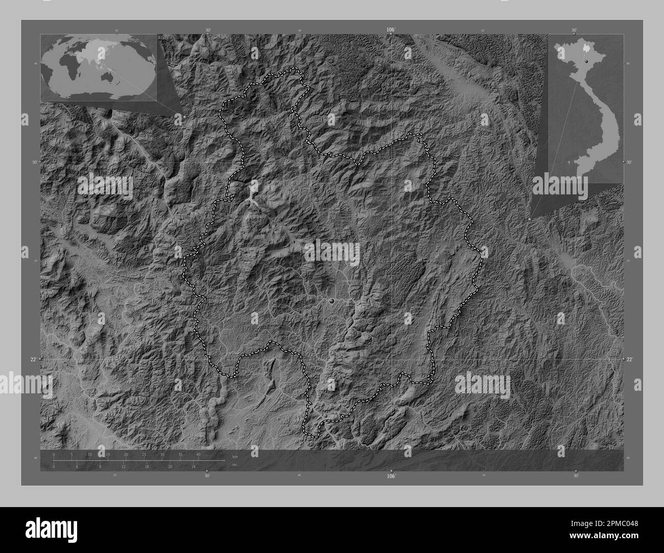 Bac Kan, province of Vietnam. Grayscale elevation map with lakes and ...
