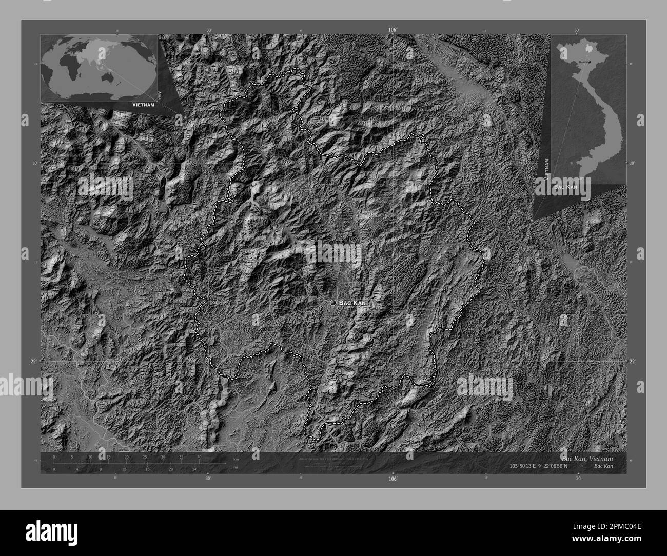 Bac Kan, province of Vietnam. Bilevel elevation map with lakes and ...