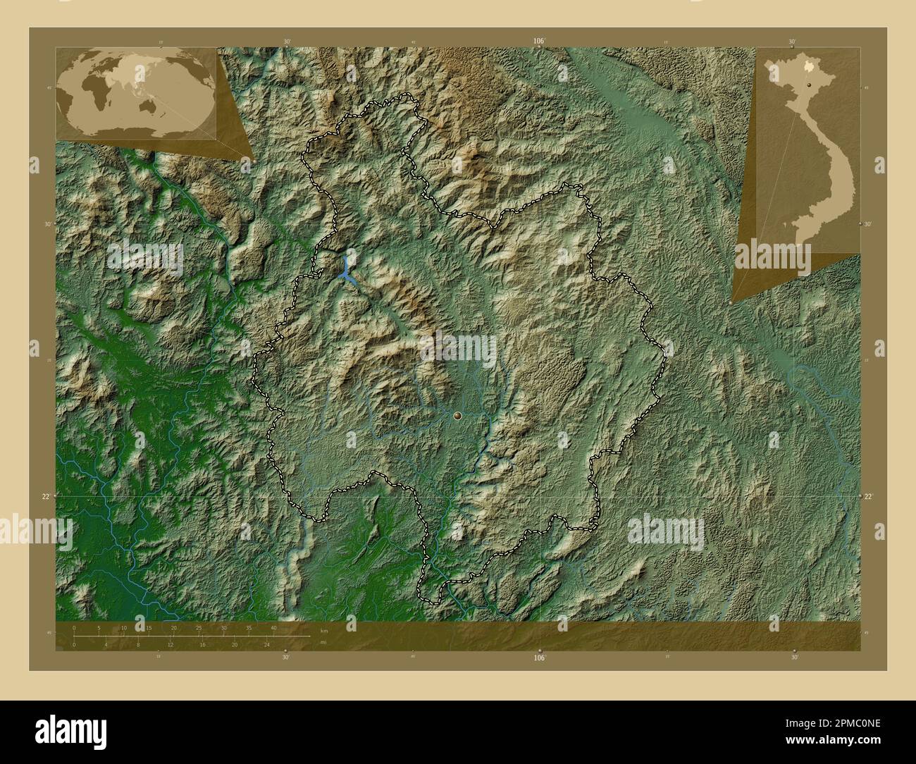 Bac Kan, province of Vietnam. Colored elevation map with lakes and ...