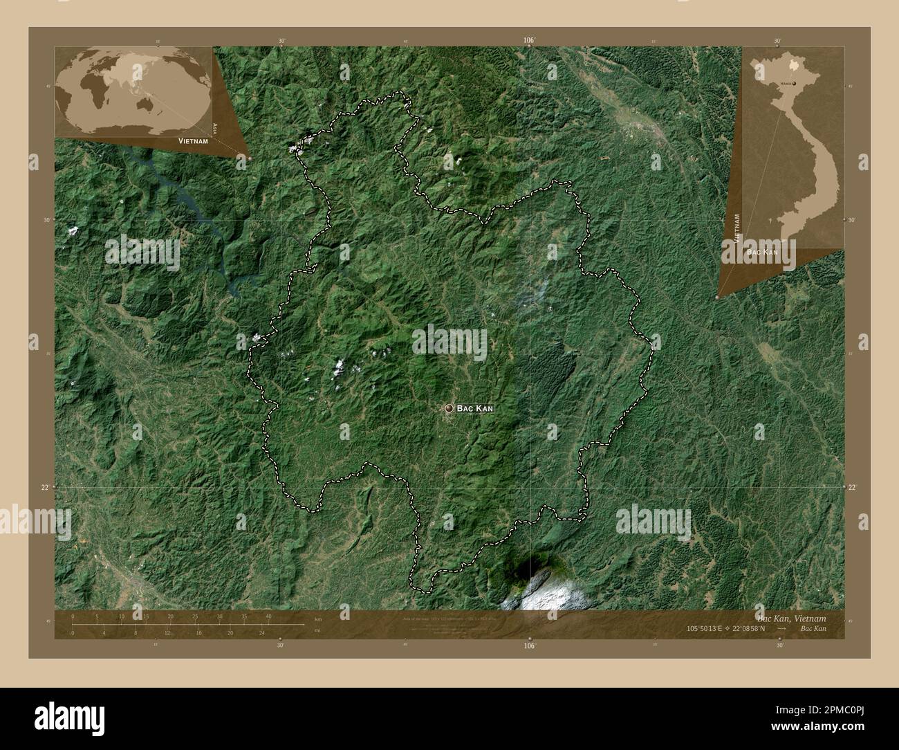 Bac Kan, province of Vietnam. Low resolution satellite map. Locations ...