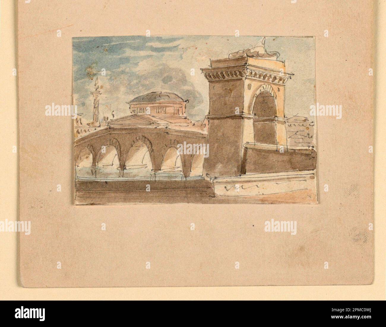 Drawing, Stage Design, Bridge Across Water; Italy; pen and sepia ink ...