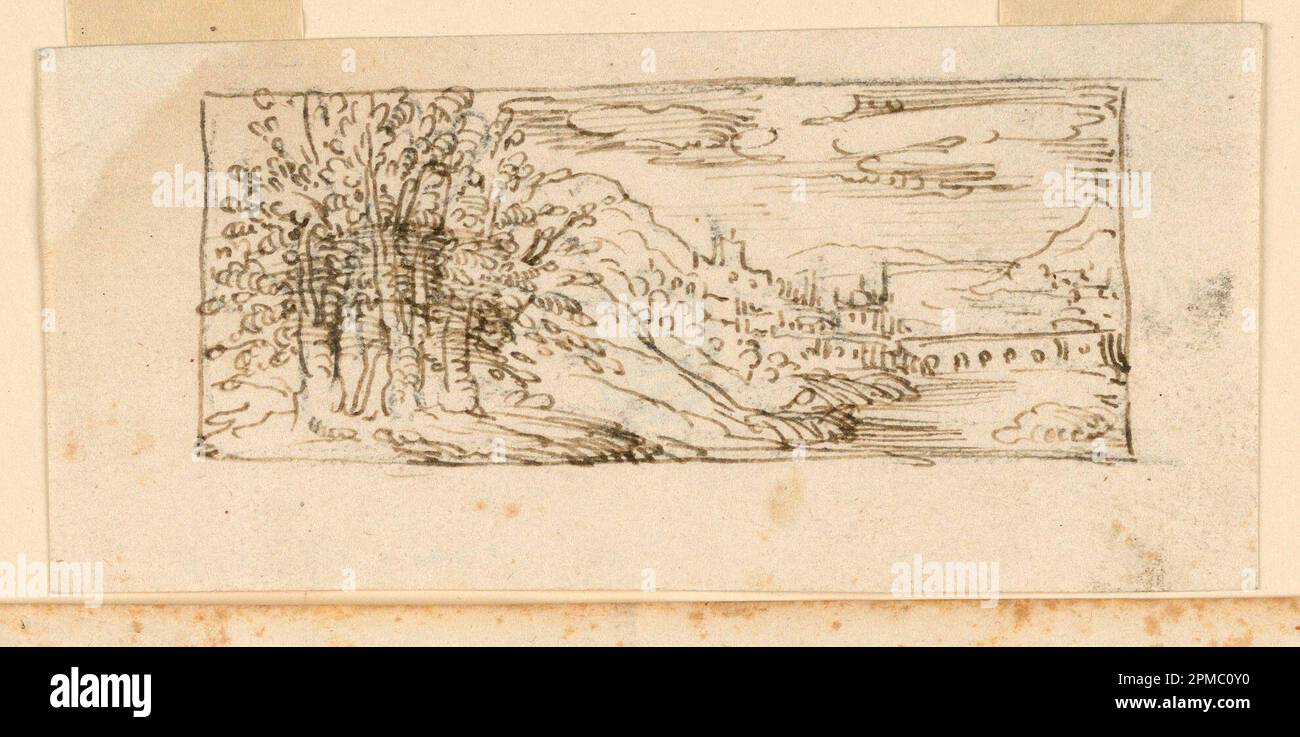 Drawing, Landscape with Bridge; Italy; black crayon, pen and ink on ...