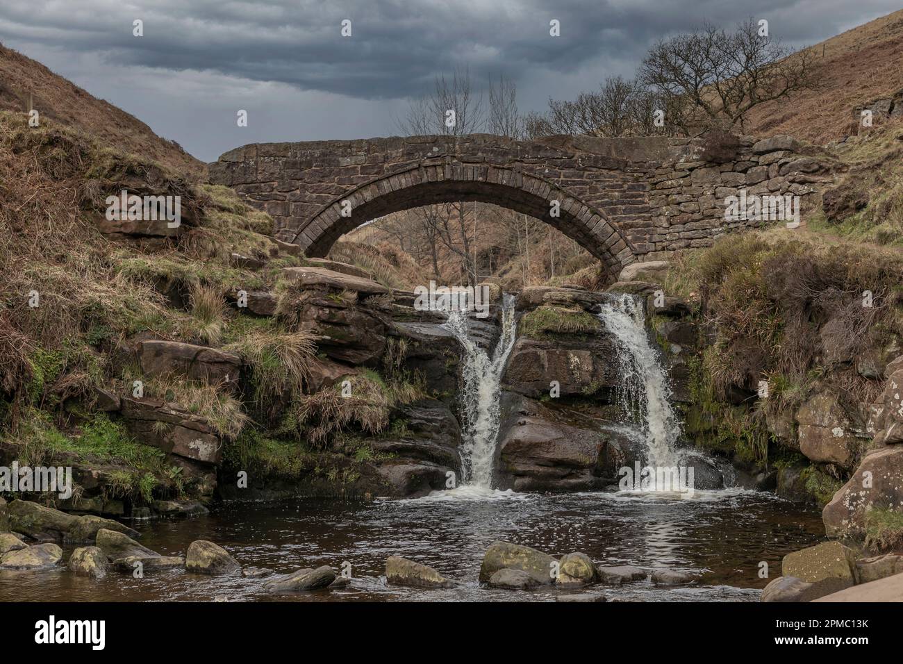 Ancient Pack Horse bridge between 3 counties with 2 waterfalls on a ...
