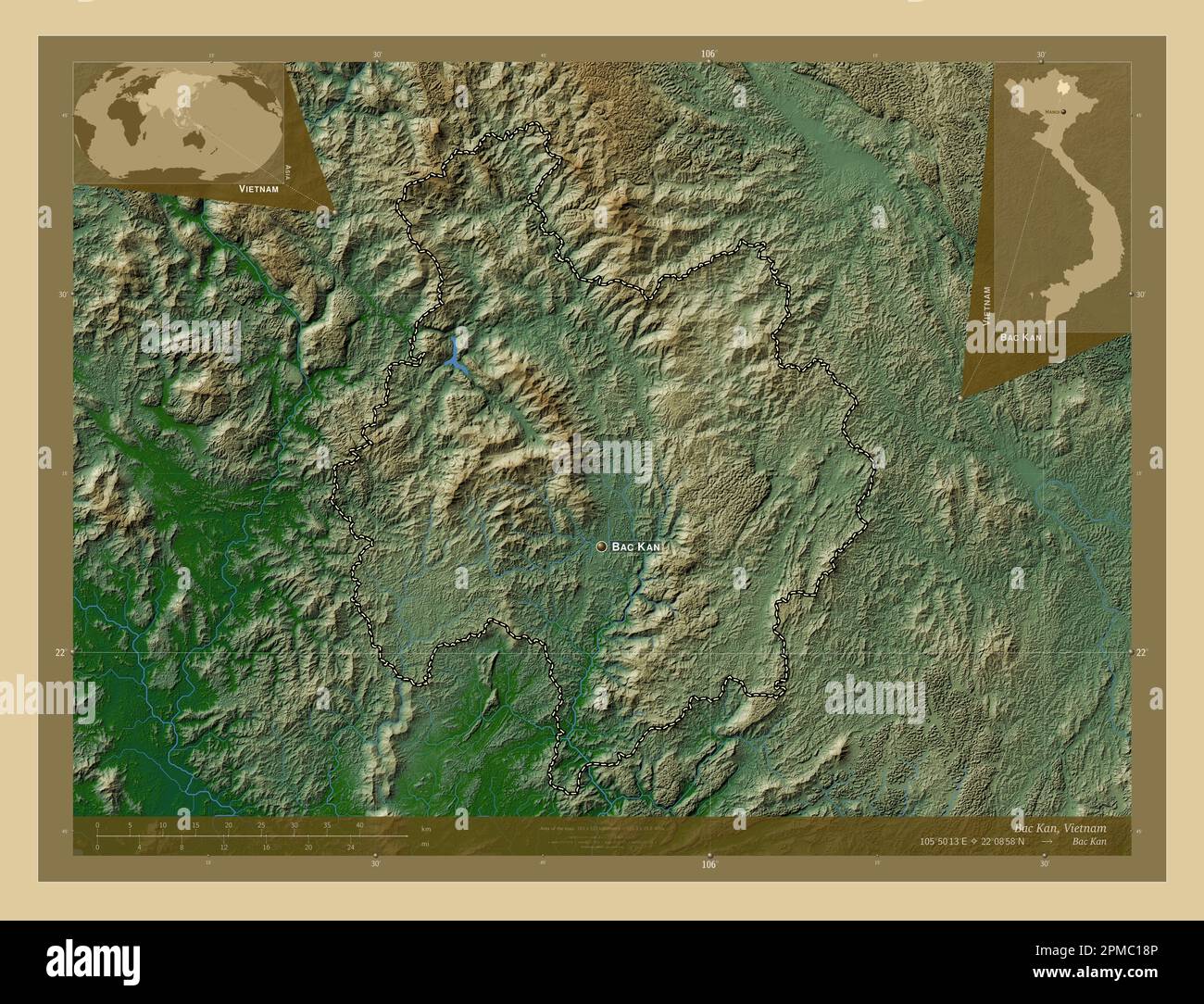 Bac Kan, province of Vietnam. Colored elevation map with lakes and ...