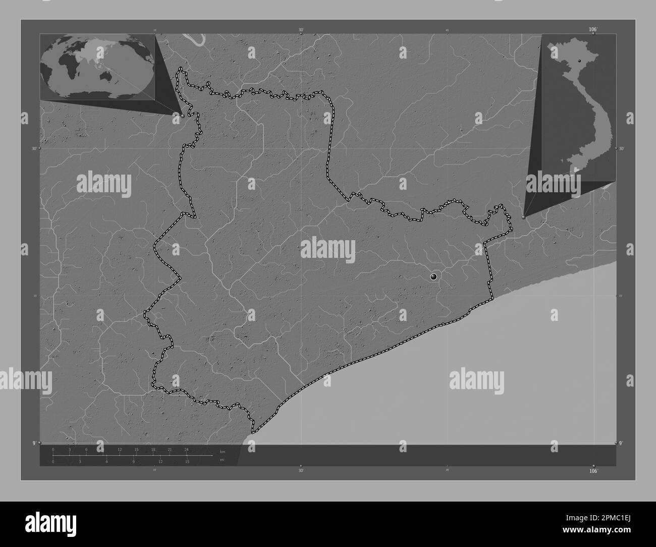 Bac Lieu, province of Vietnam. Bilevel elevation map with lakes and ...