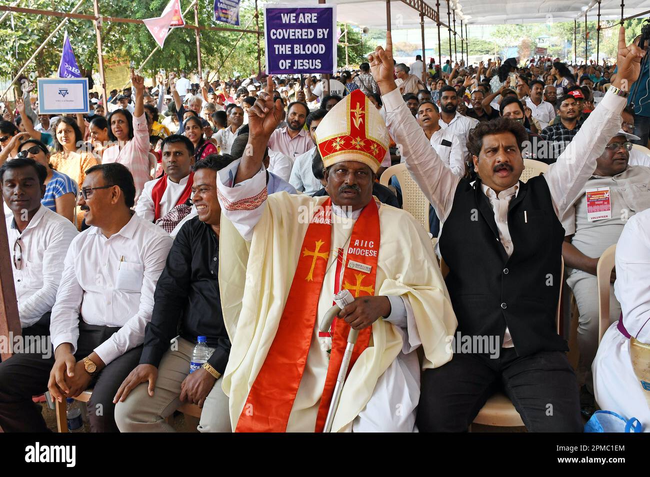 Mumbai, India. 12th Apr, 2023. Members of Christian community shout ...