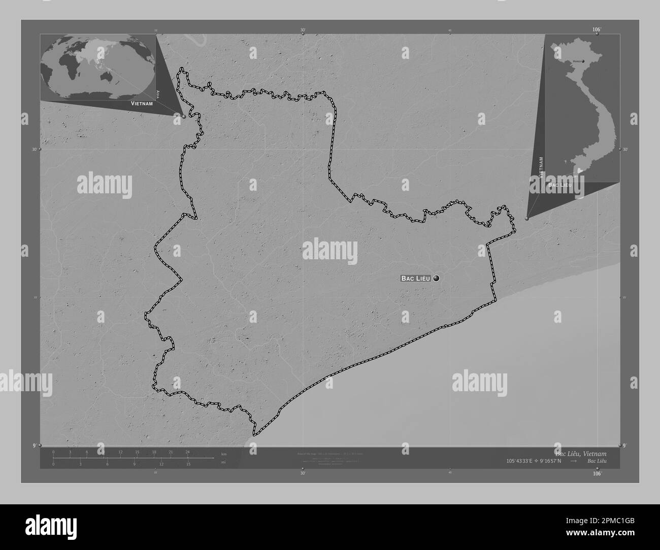 Bac Lieu, province of Vietnam. Grayscale elevation map with lakes and ...