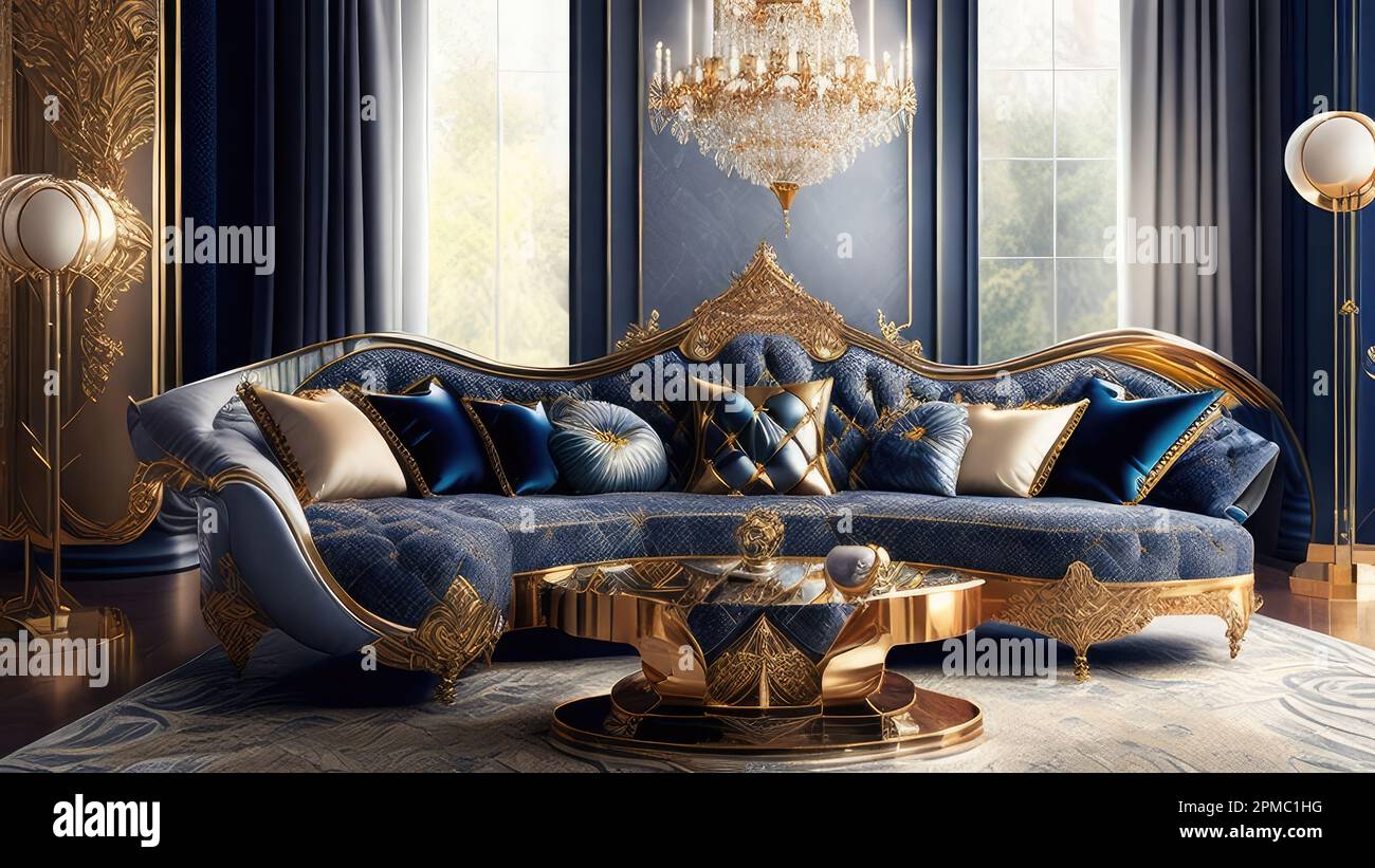 Luxury blue velvet sofa with gold ornaments in classic interior. 3d ...