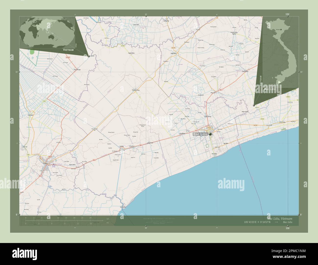 Bac Lieu, province of Vietnam. Open Street Map. Locations and names of ...