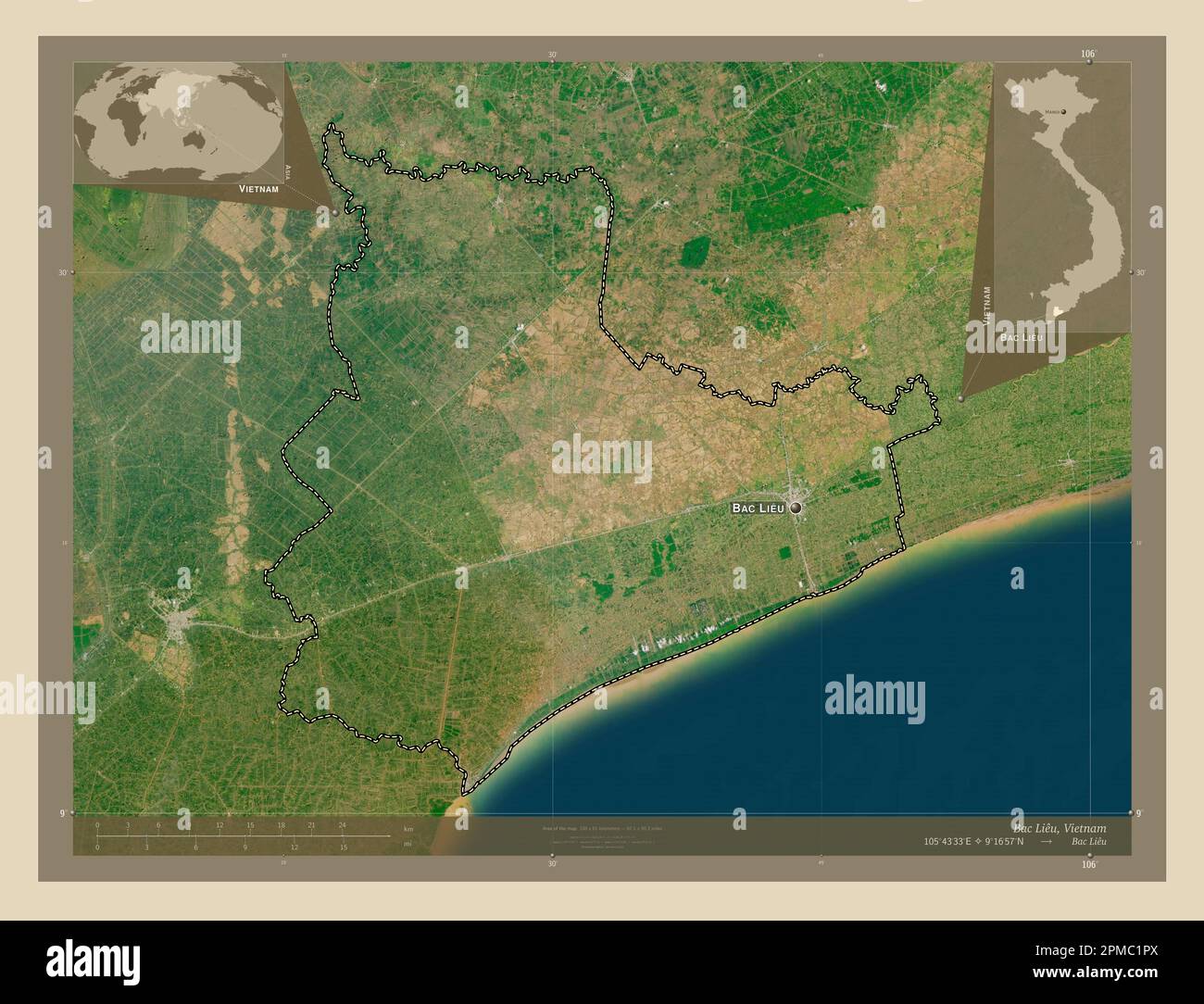 Bac Lieu, province of Vietnam. High resolution satellite map. Locations ...