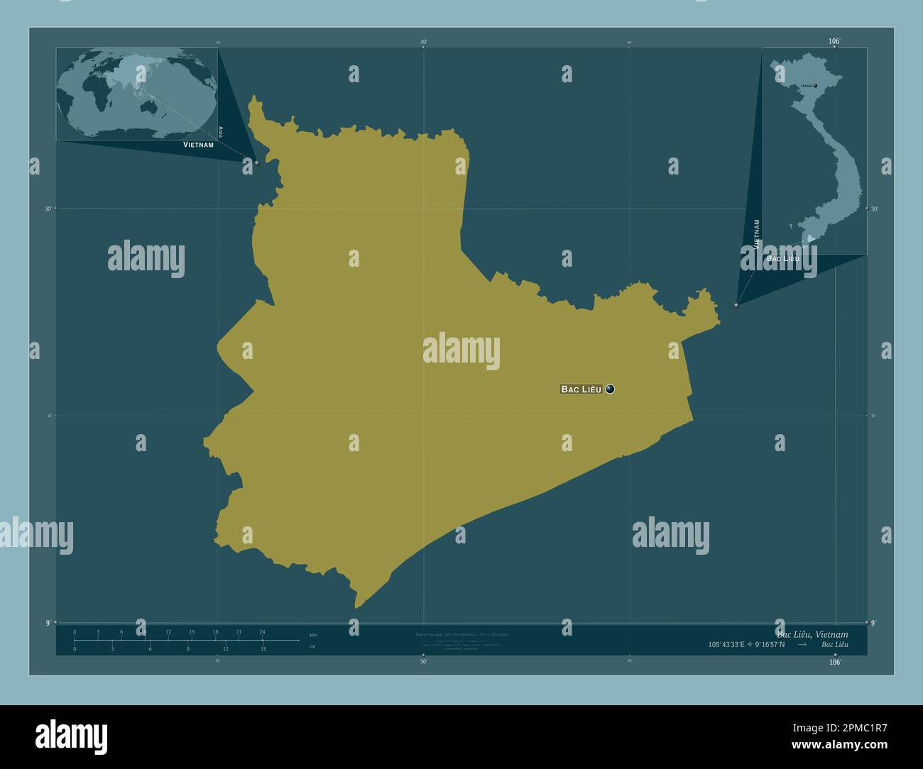 Bac Lieu, province of Vietnam. Solid color shape. Locations and names ...