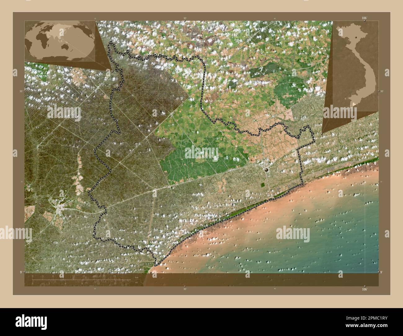 Bac Lieu, province of Vietnam. Low resolution satellite map. Locations ...