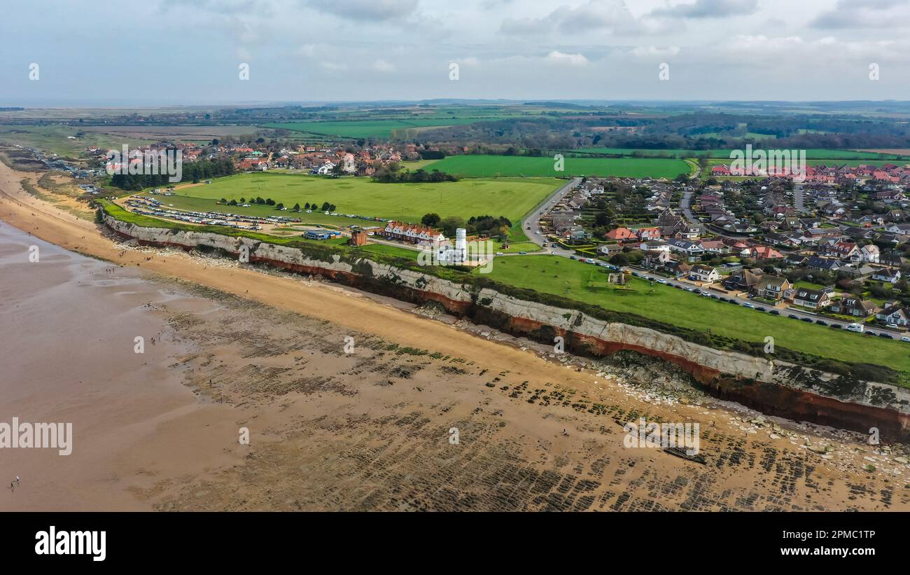 Hunstanton beach cliffs during low tide from above dron Stock Photo - Alamy