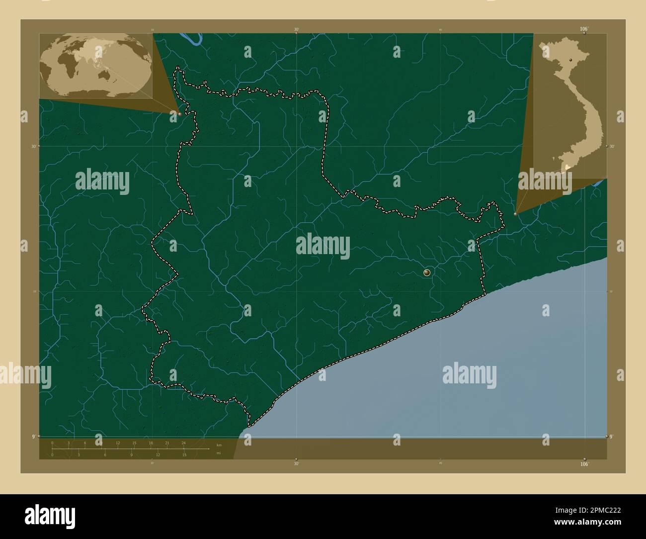 Bac Lieu, province of Vietnam. Colored elevation map with lakes and ...
