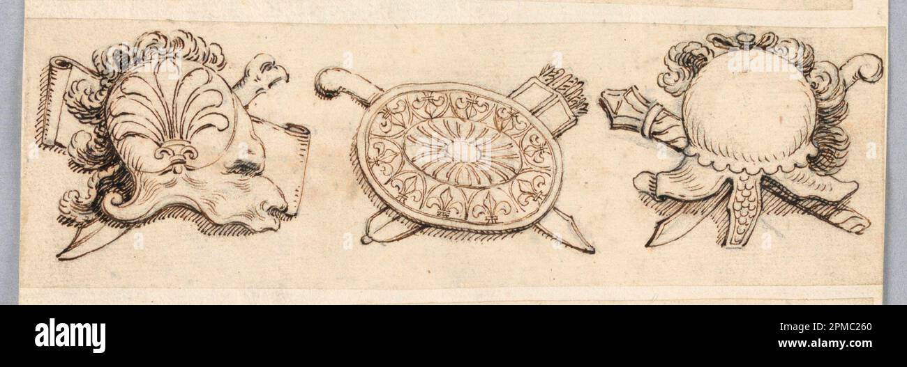Drawing, Three Trophies; Italy; pen and brown ink on off-white laid ...