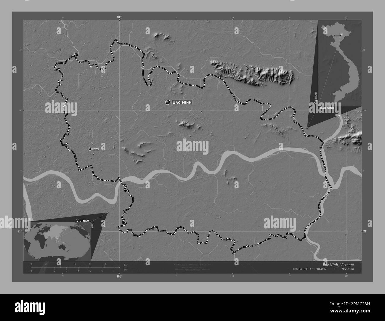 Bac Ninh, province of Vietnam. Bilevel elevation map with lakes and ...