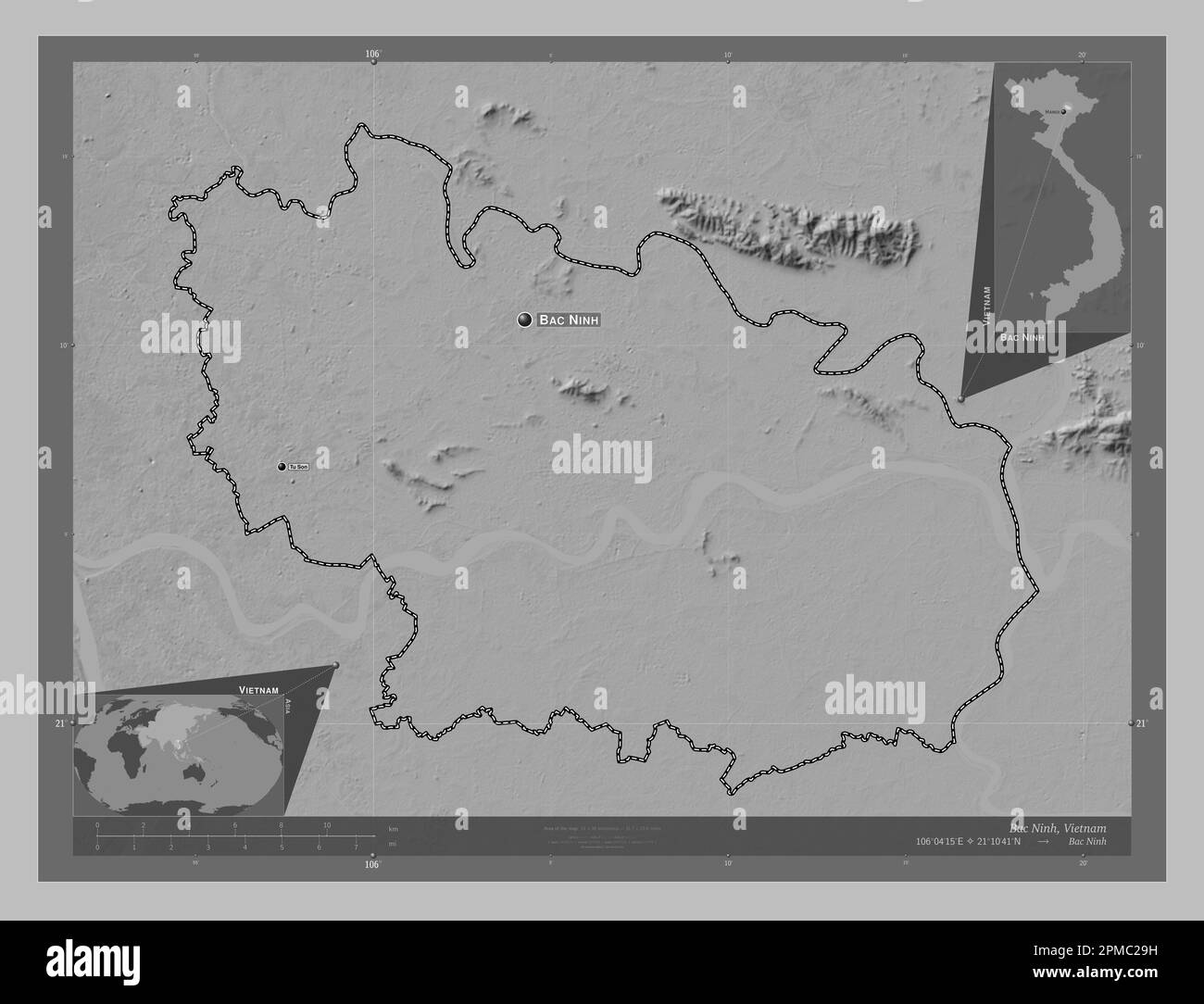 Bac Ninh, province of Vietnam. Grayscale elevation map with lakes and ...