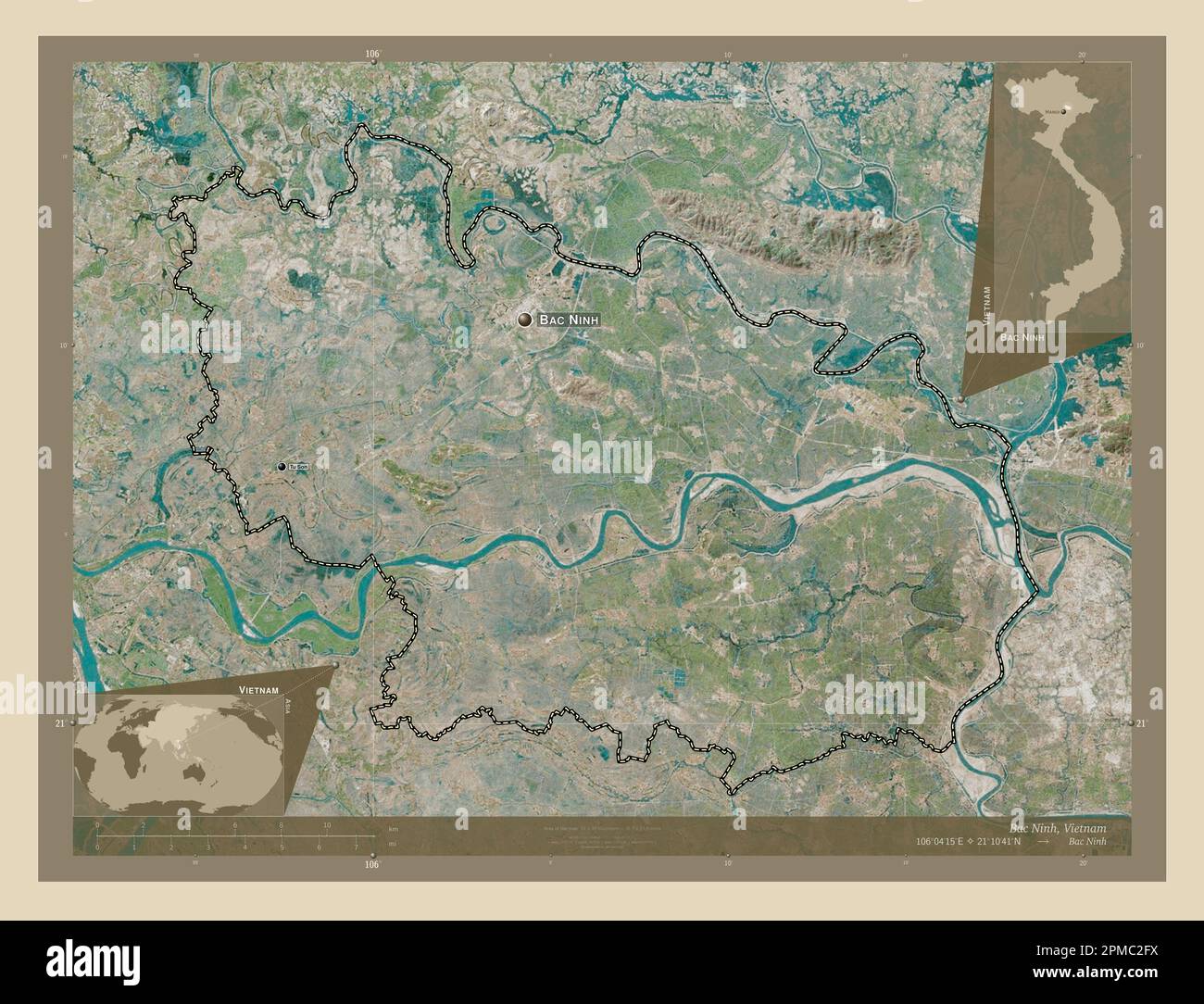 Bac Ninh, province of Vietnam. High resolution satellite map. Locations ...