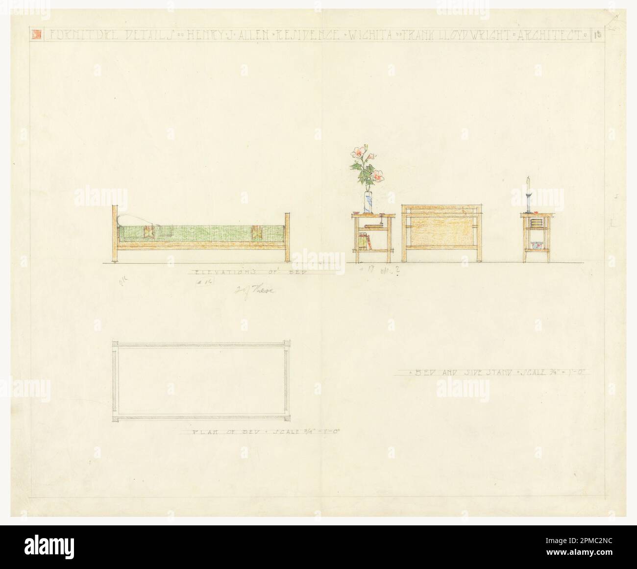 Drawing, Bed and Side Stand, Henry J. Allen Residence, Wichita, Kansas ...