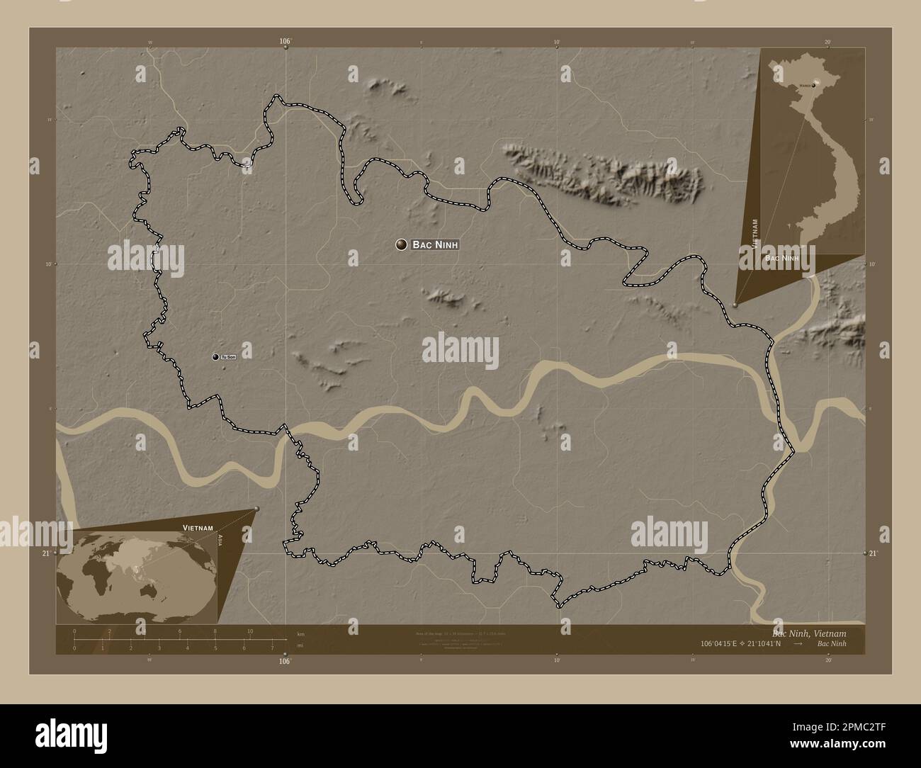 Bac Ninh, province of Vietnam. Elevation map colored in sepia tones ...