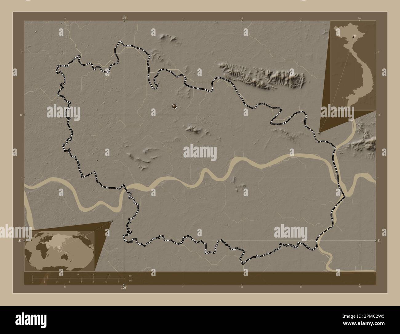 Bac Ninh, province of Vietnam. Elevation map colored in sepia tones ...