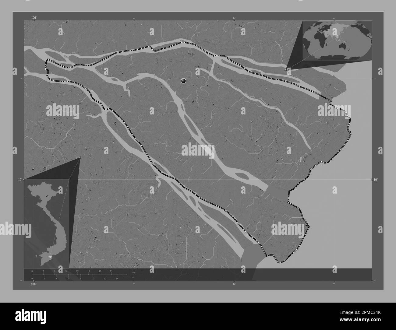 Ben Tre, province of Vietnam. Bilevel elevation map with lakes and ...