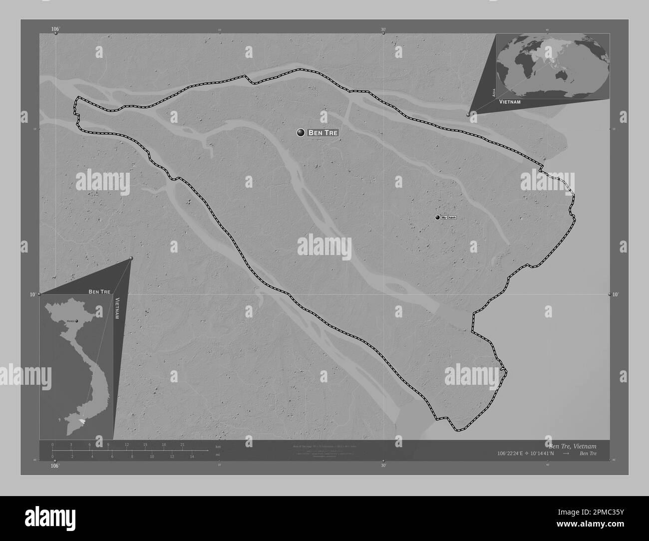 Ben Tre, province of Vietnam. Grayscale elevation map with lakes and ...