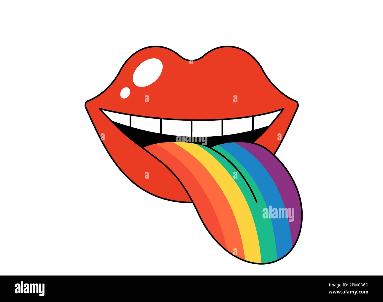 Retro Groovy Opened Mouth With Rainbow Colored Tongue Sticking Out And Licking Hippy Red Open
