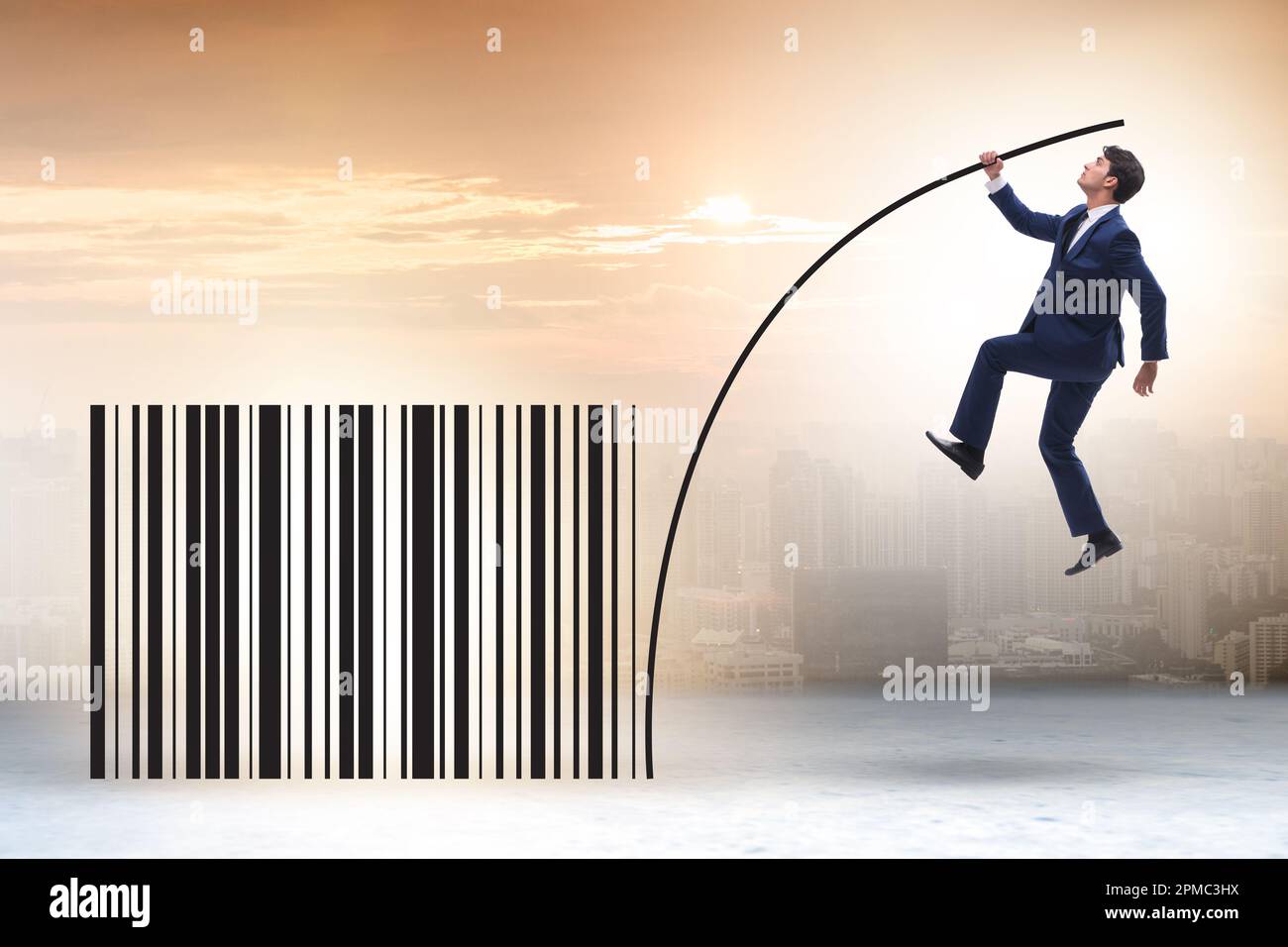 Businessman jumping over bar code in the pole vaulting Stock Photo - Alamy