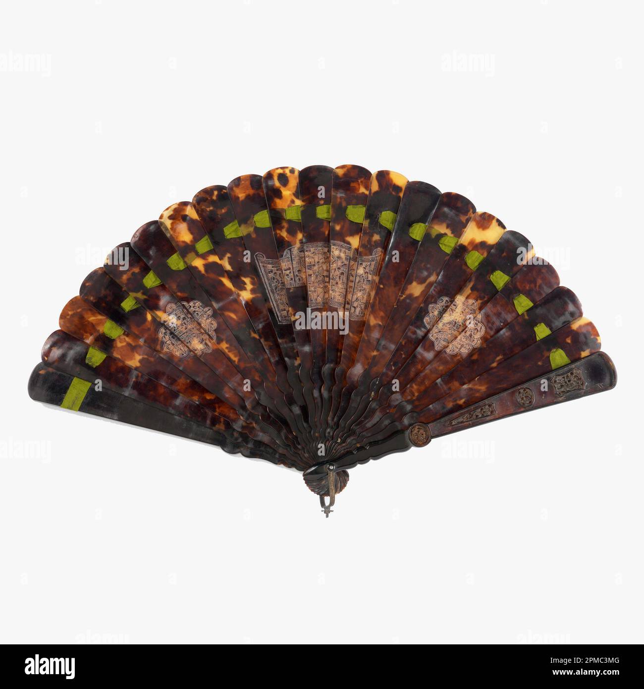 Brisé Fan (China); carved tortoiseshell sticks, silk ribbon (probably ...