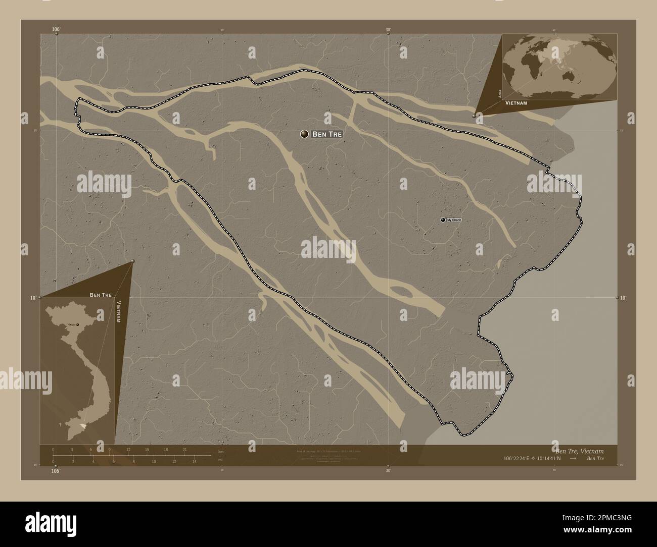 Ben Tre Province Of Vietnam Elevation Map Colored In Sepia Tones With
