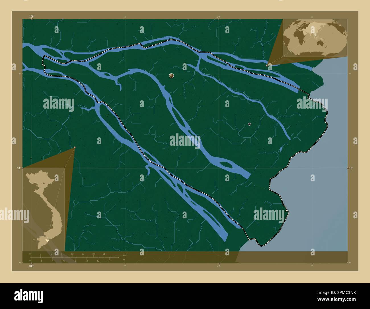 Ben Tre, province of Vietnam. Colored elevation map with lakes and ...