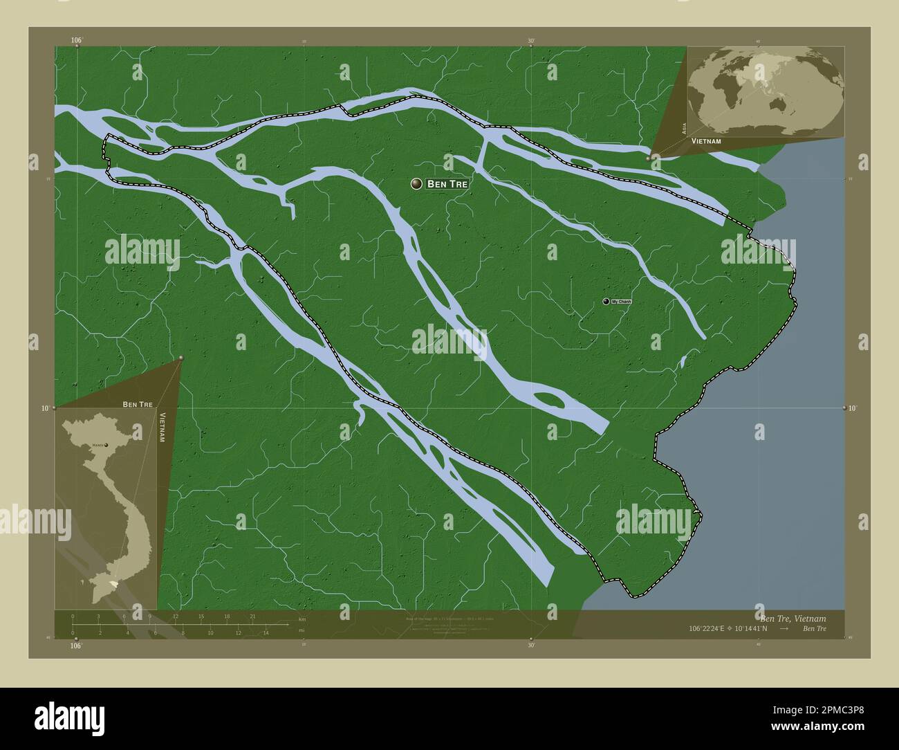 Ben Tre, province of Vietnam. Elevation map colored in wiki style with ...