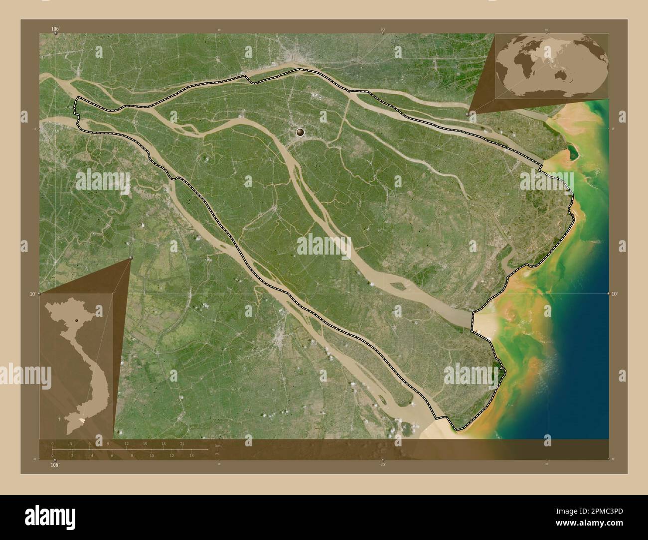 Ben Tre, province of Vietnam. Low resolution satellite map. Corner ...