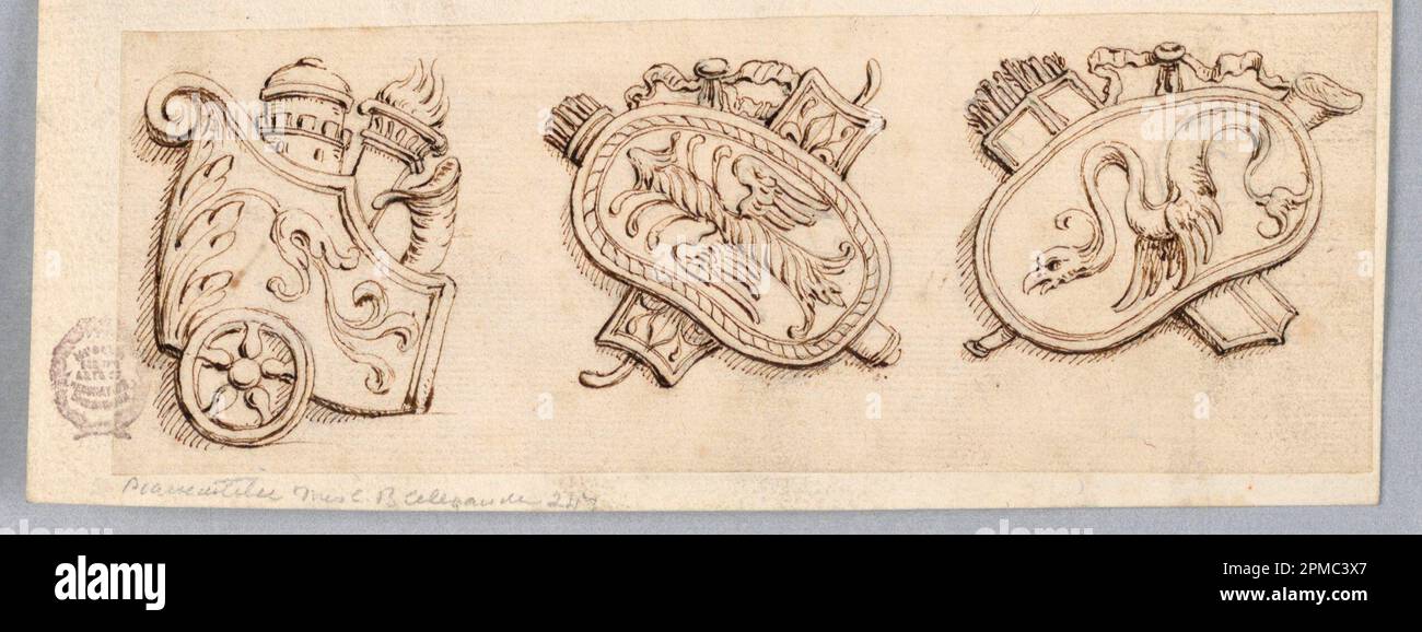 Drawing, Three Trophies; Italy; pen and brown ink on off-white laid ...