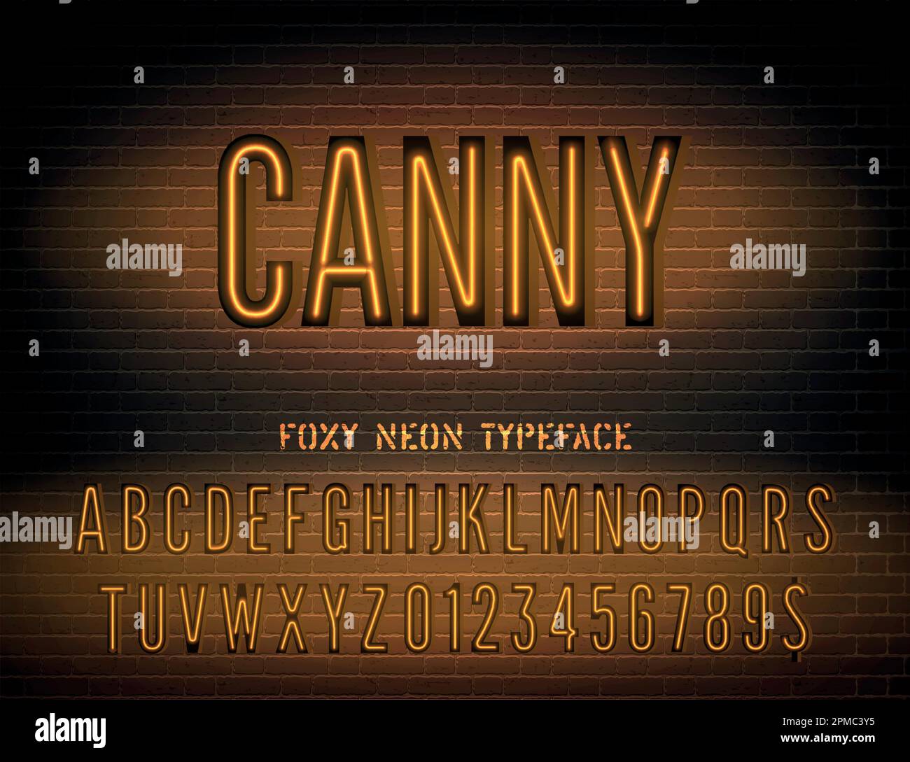 Canny sign with narrow orange neon alphabet on dark brick wall ...