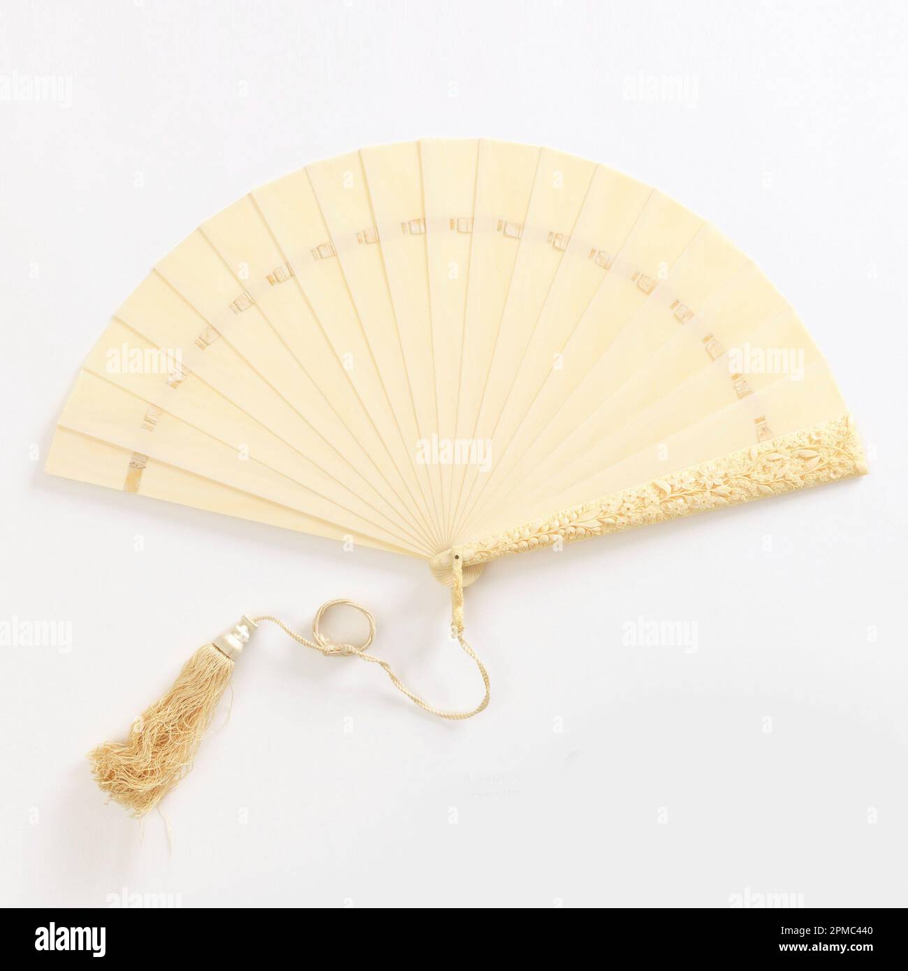 Fan And Case; ivory sticks, carved ivory guards, silk ribbon, braided ...