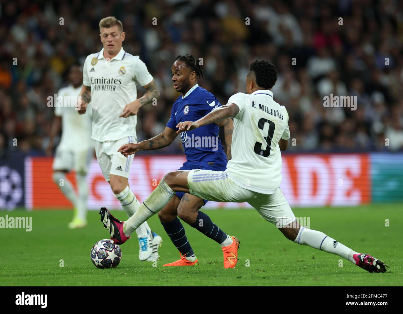 Chelsea's Raheem Sterling (centre) and Real Madrid's Eder Militao ...