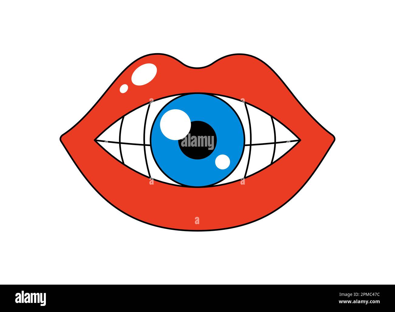 Retro groovy mouth with blue eye between teeth. Hippy glossy red open ...