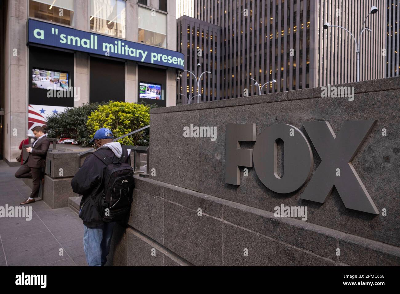 A logo of Fox News is displayed outside Fox News Headquarters in New ...