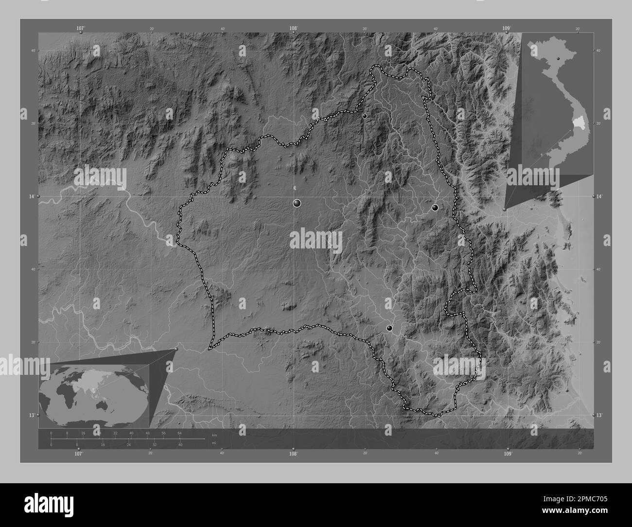 Gia Lai, province of Vietnam. Grayscale elevation map with lakes and ...