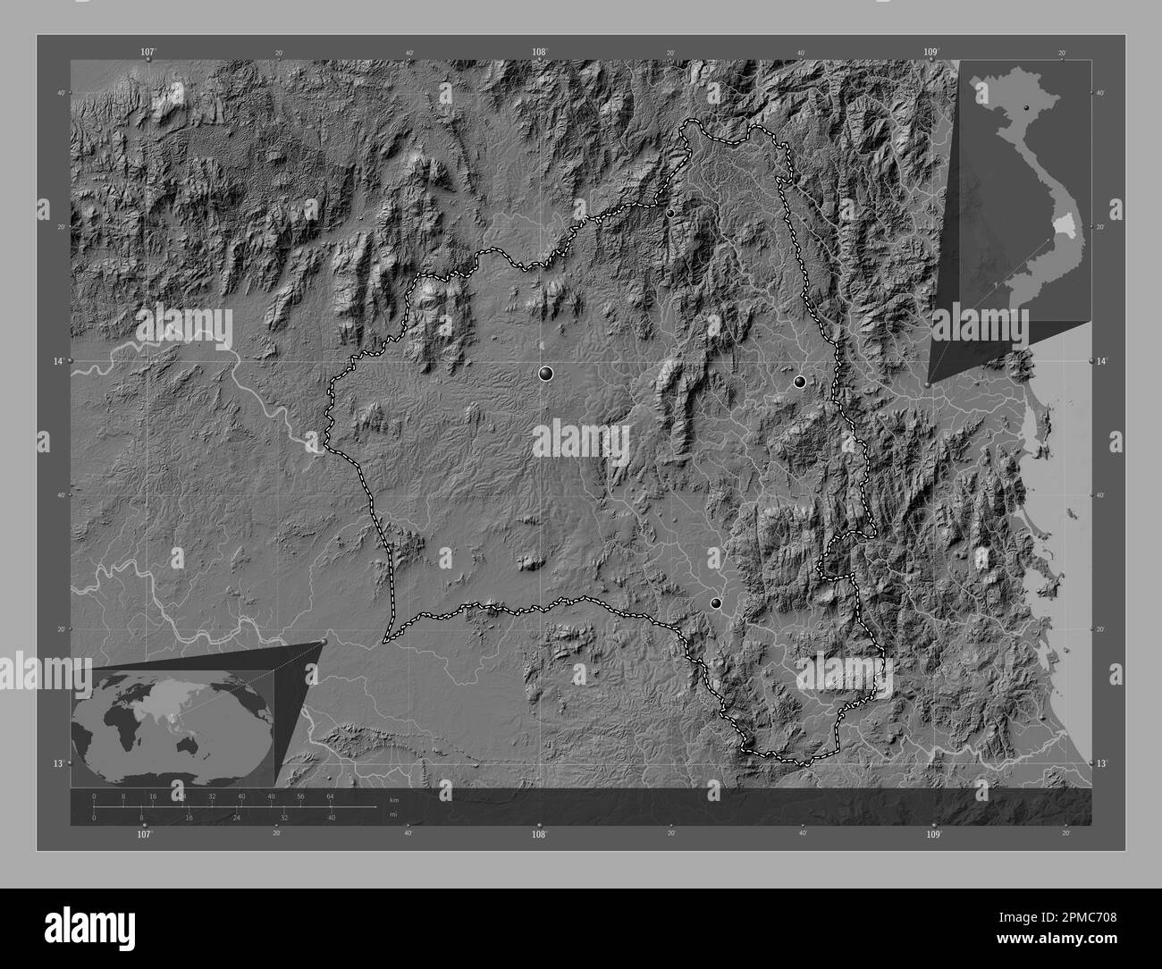 Gia Lai, province of Vietnam. Bilevel elevation map with lakes and ...