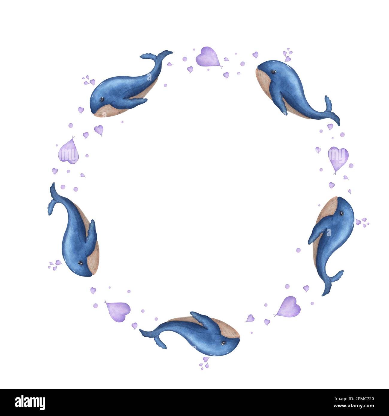 Watercolor romantic frame with whale and hearts isolated on white ...