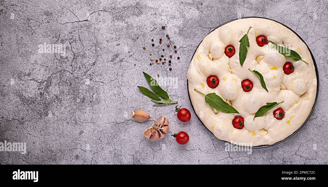 Blank photography of raw sourdough focaccia, dough, tomato, olive oil ...