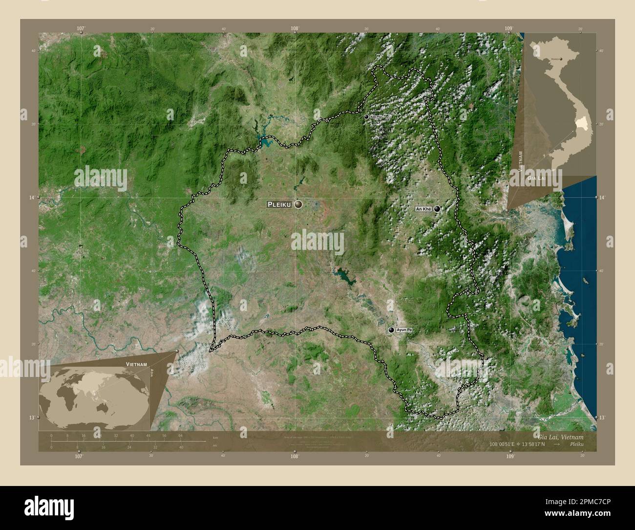 Gia Lai, province of Vietnam. High resolution satellite map. Locations ...