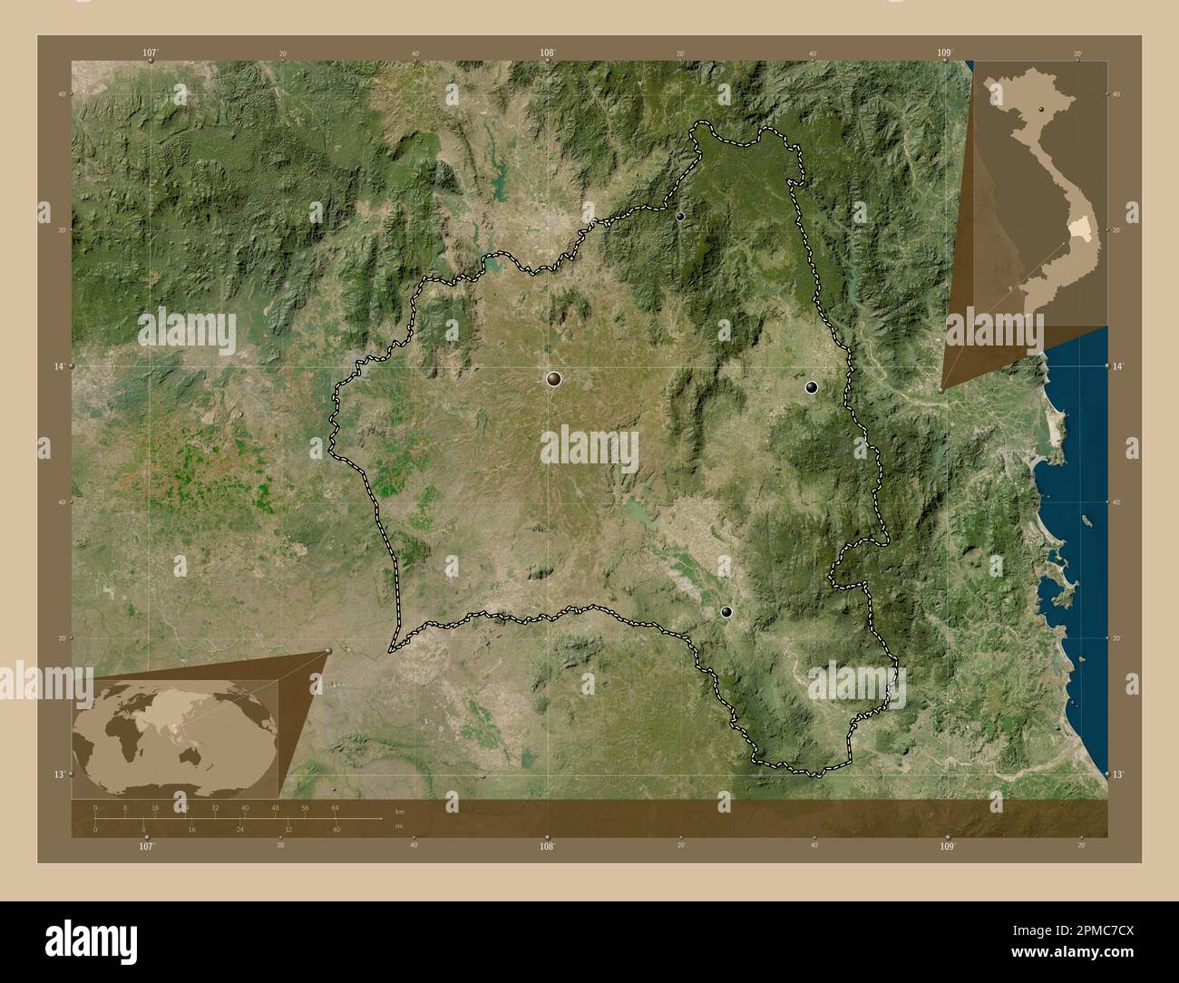 Gia Lai, province of Vietnam. Low resolution satellite map. Locations ...
