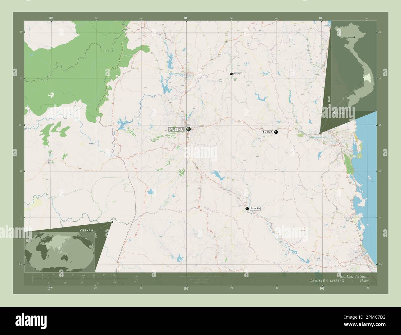 Gia Lai, province of Vietnam. Open Street Map. Locations and names of ...