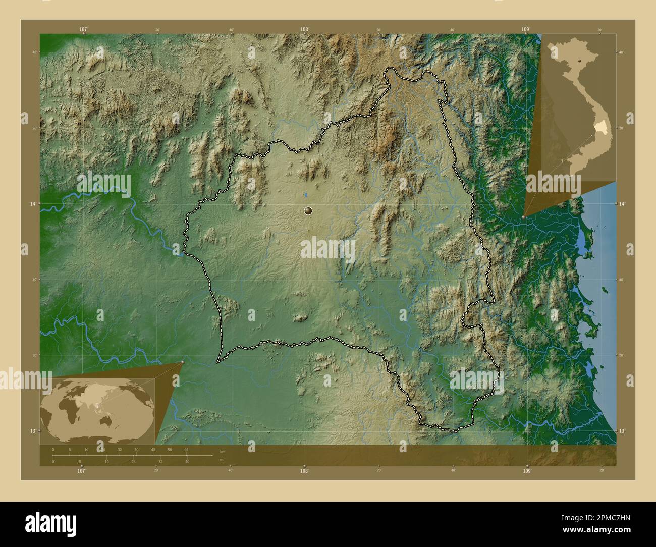 Gia Lai, province of Vietnam. Colored elevation map with lakes and ...