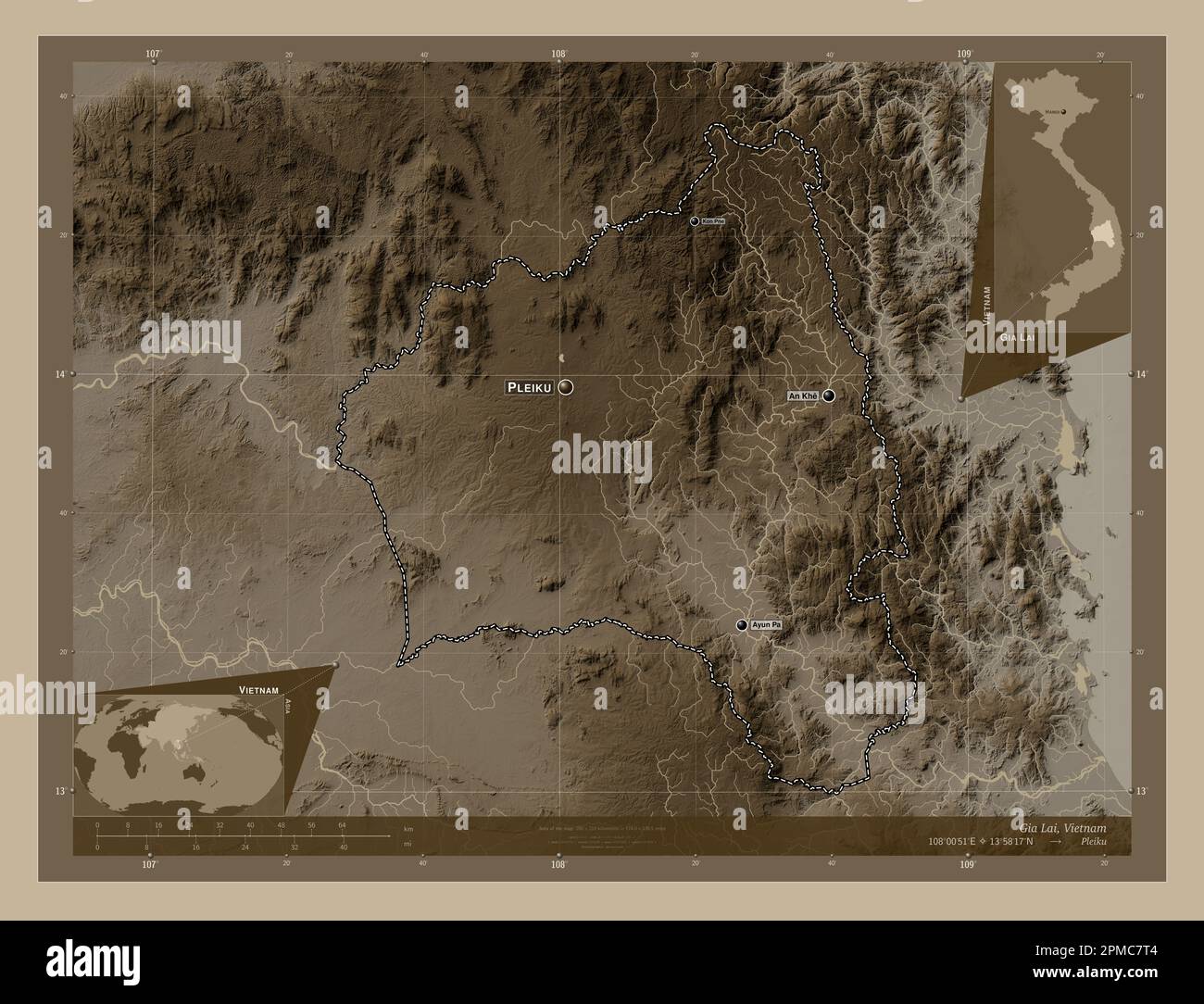 Gia Lai, province of Vietnam. Elevation map colored in sepia tones with ...
